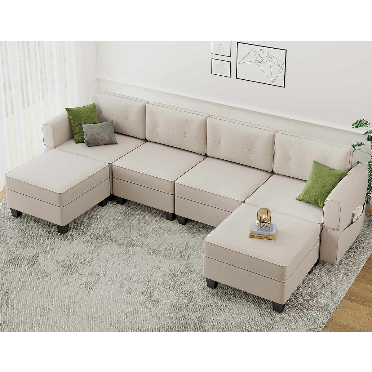 AYEASY 113'' Modular Sofa, Living Room U Shaped Couch with Storage Ottoman Sectional, Beige