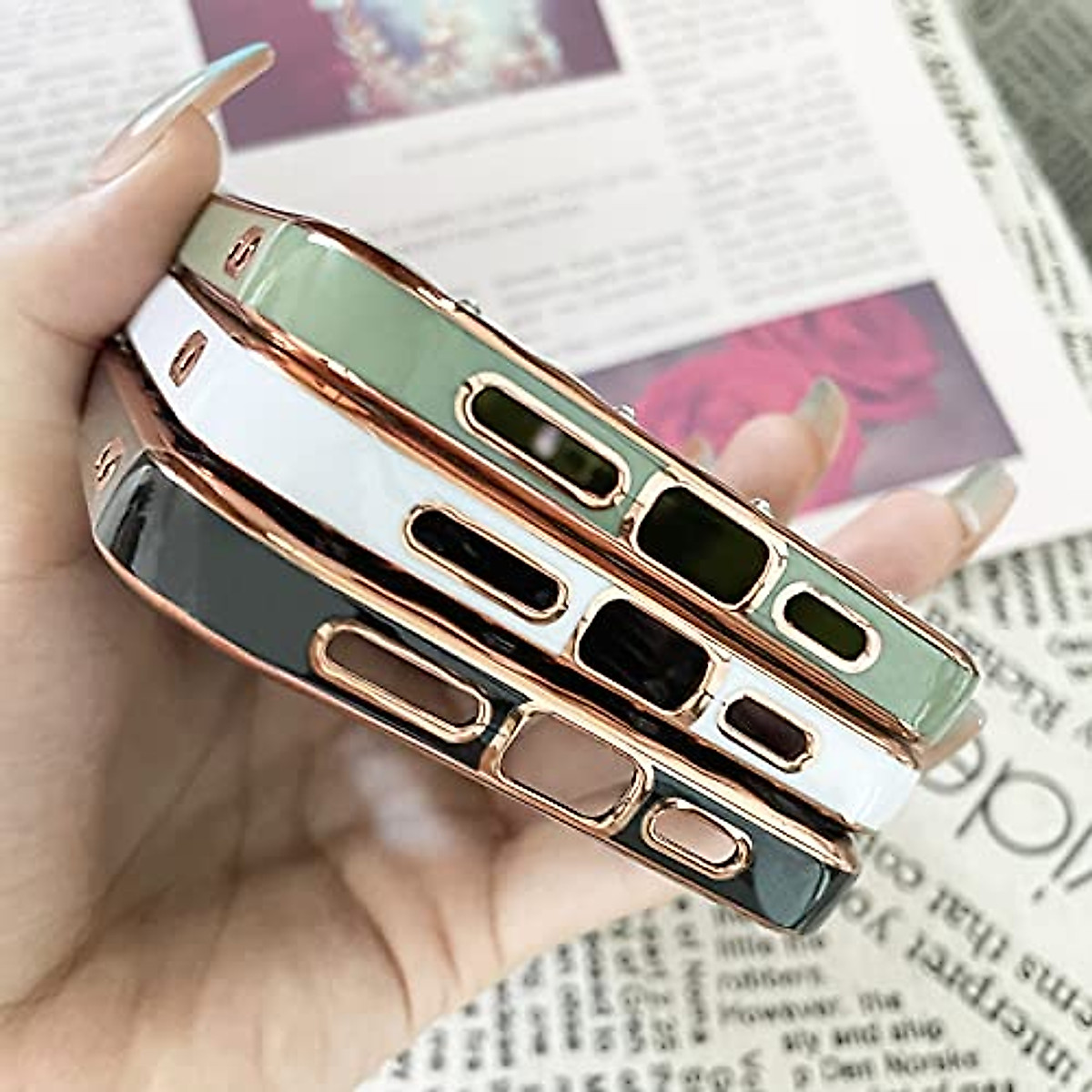 BOGUT Compatible with iPhone 12 Pro Max Case for Women Girls, Glittering Luxury Gold Line Design, Lattice Pattern with Diamond Plating, Shockproof Soft Silicone Cover (6.7")-Green