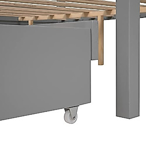 RORIGAT Queen Size Canopy Platform Bed with Twin Trundle and Three Storage Drawers, Wooden Daybed Frame Beds for Kids Teens Boys Girls,Gray