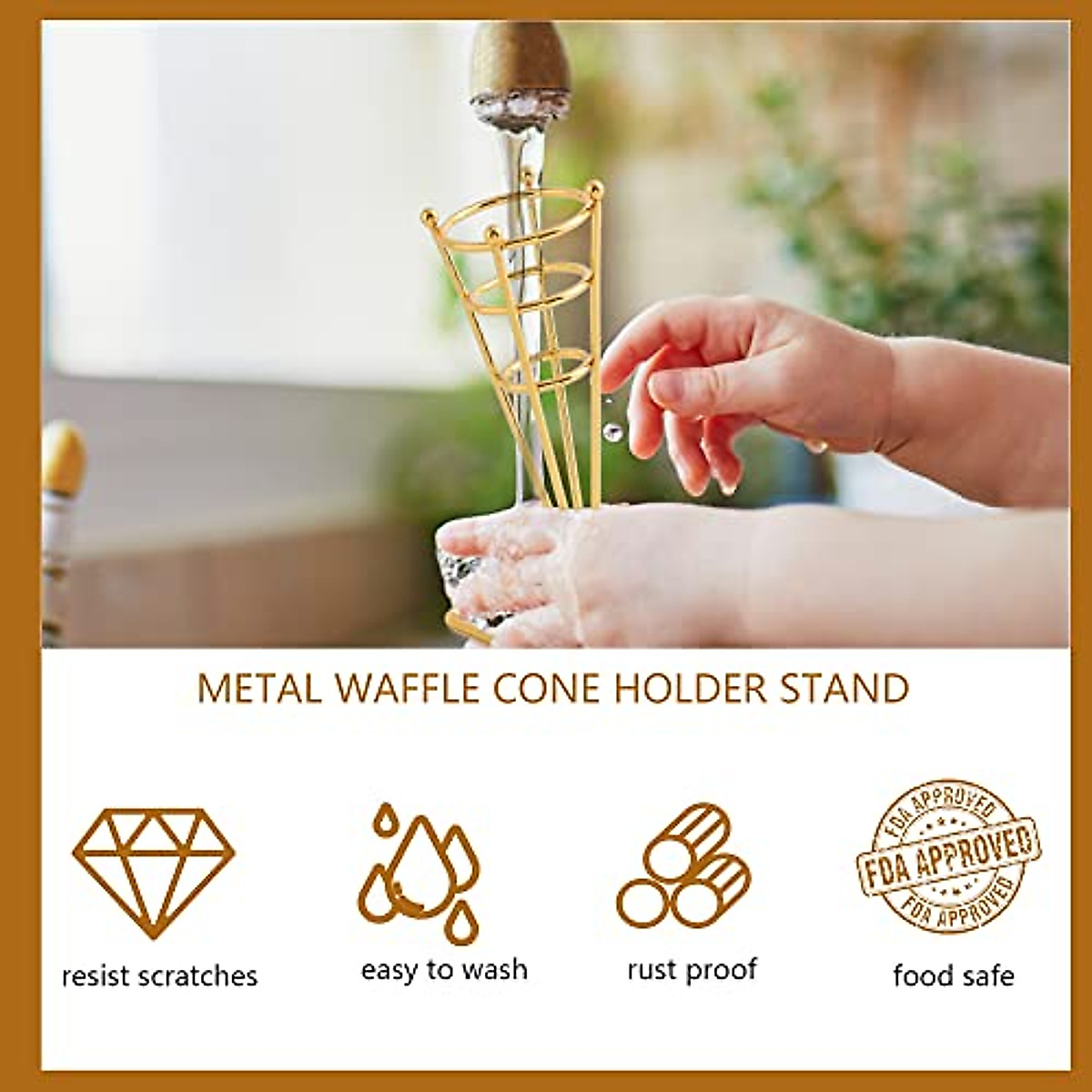 BLBYHO Single Metal Gold Ice Cream Cone Holder Stand, Individua Waffle Cone Holder Sushi Hand Roll Stand for Standard Size Ice Cream Cones Appetizer Charcuterie Cones, Sugar Cones, Sushi (4 Pack)