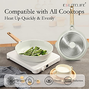 ESLITE LIFE Nonstick Frying Pan Skillet with Lid, Healthy Granite Coating Egg Omelette Pan Stone Cookware Chef's Pan, PFOA Free(Cream, 8" w/Lid & Spatulas)