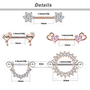 Ocptiy Nipple Rings Piercing Jewelry 14G Stainless Surgical Steel Cubic Zirconia Diamond Heart Hypoallergenic Nipple Tongue Nipplering Rings Hoops Barbell Bar Piercing Jewelry Retaine Women Rose Gold