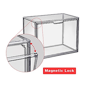 GUDEMAY Clear Stackable Plastic Storage Bins with Magnetic Lid, Dustproof Book & Cosmetic Display Cases, Large Figures Collectibles Showcase, Shoe Box, Protection Organizer (Transparent Gray -3 Pack)