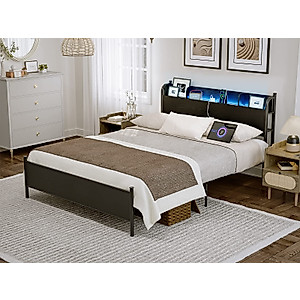 IKIFLY Queen Bed Frame with Storage Shelf Headboard & Charging Station - Metal LED Platform Bed with Strong Steel Slats, No Box Spring Needed, Noise Free, Industrial Vintage Design - Black