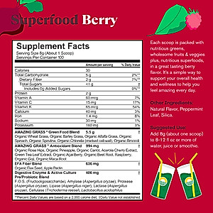 Amazing Grass Greens Superfood Powder: Greens Powder with Digestive Enzymes & Probiotics, Organic Spirulina, Chlorella, and Beet Root Powder, Berry, 100 Servings
