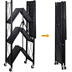TIOPSUUO 5-Shelf Foldable Storage Shelf Unit on Wheels (No Assembly) Large Capacity Shelving Unit Steel for Kitchen, Garage, Basement, Pantry，Heavy Duty Steel Shelving Organizer Rack