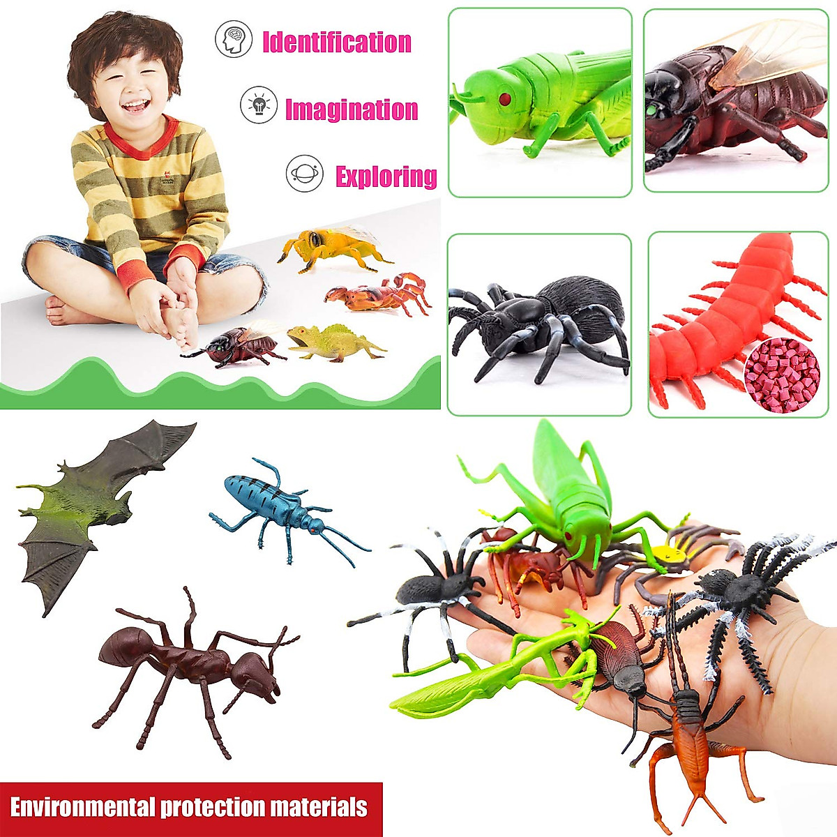 PINOWU 27pcs Bug Toy Figures Playset for Kids Boys, 2-6” Fake Bug Insects - Fake Spiders, Cockroaches, Scorpions, Crickets, Lady Bugs, Butterflies and Worms for Education and Christmas Party Favors