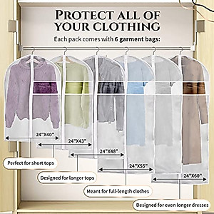 KUVR Clear Plastic Garment Bags for Hanging Clothes Dress Bag Suit Bags for Closet Storage – Zippered Clothes Cover - Hanging Garment Bags for Dance Costumes Clothing Protector – 24” X 40” 6 Pack
