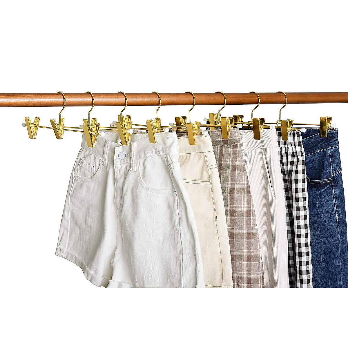 Amber Home 20 Pack Shiny Gold 12 Inch Metal Pants Skirts Hanger, Sturdy for Slacks Trousers with 2 Adjustable Non Slip Clips and Swivel Hook (20 Pack)