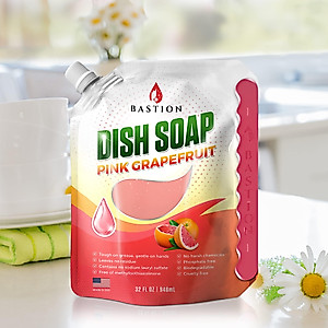 Bastion Dish Soap - Liquid Dishwashing Degreaser & Detergent - Pink Grapefruit Fragrance - 32oz Refill Pouch- All Natural - Cruelty-Free