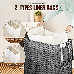 Greenstell Laundry Hamper with Wheels&Lid, 125L Large 3 Sections Clothes Hamper with 2 Removable Liner Bags, 5 Mesh Laundry Bags, Handwoven Divided Laundry Basket Gray