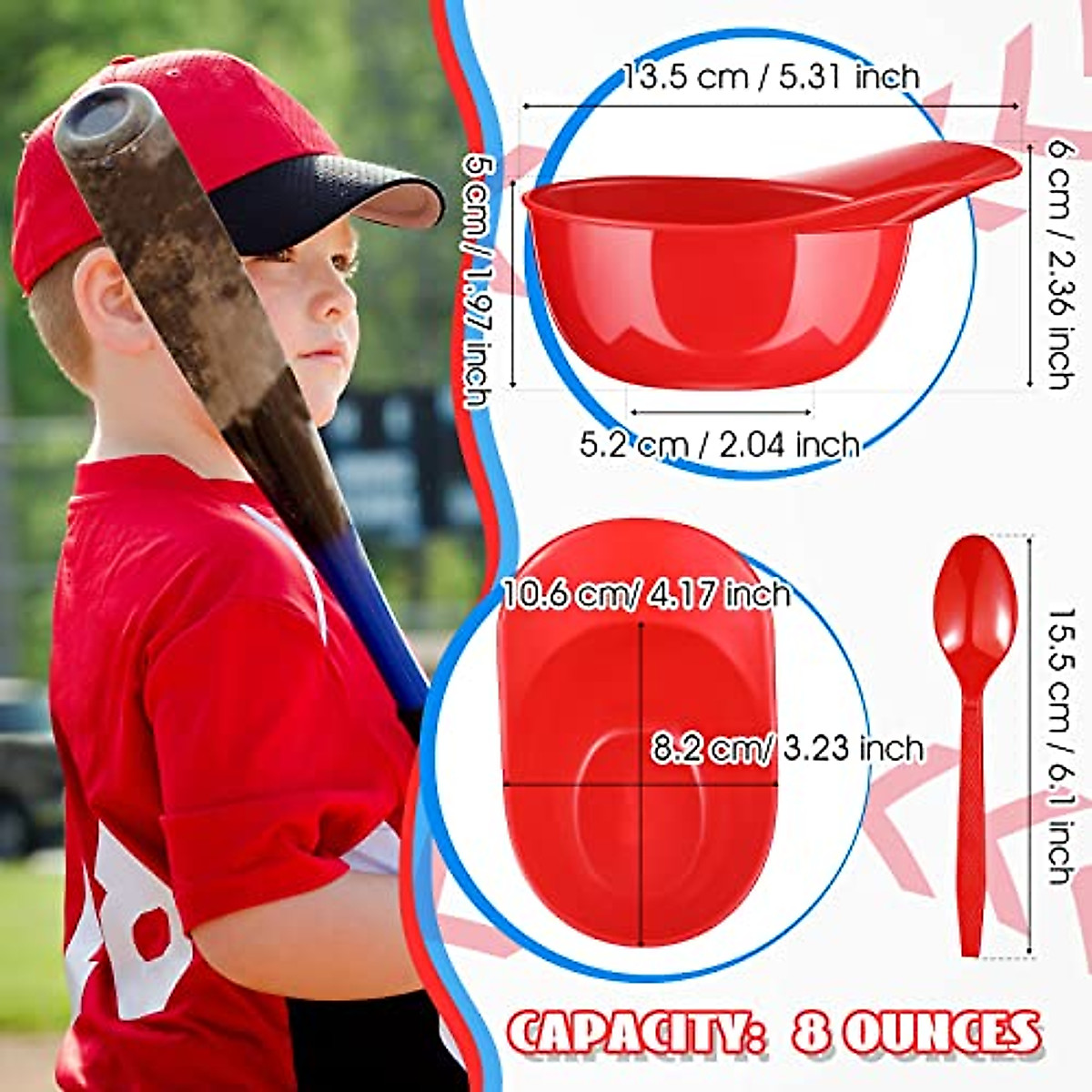 24 Count Summer Baseball Helmet Snack Ice Cream Bowl 24 Pcs Disposable Taster Spoons 8 oz Mini Sundae Bowls Mini Dessert Spoons Plastic Ice Cream Spoon for Party Supplies(Red, Dark Blue)
