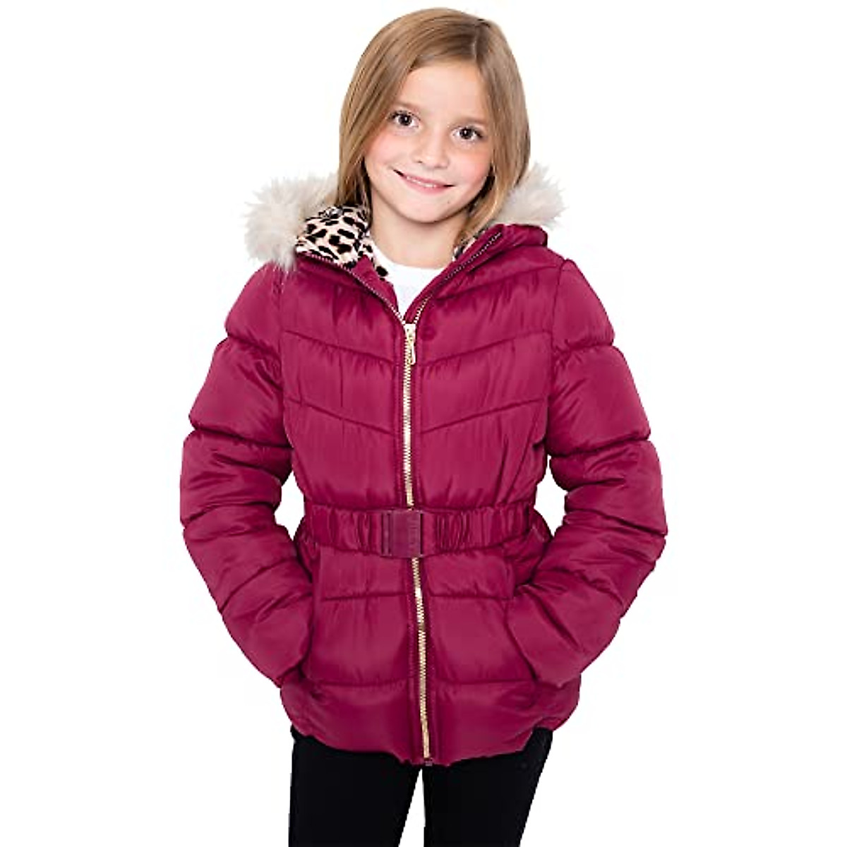 Juicy Couture Girl's Long Fur Hooded Belted Heavy Weight Parka Puffer Jacket, Warm Padded Winter Coats for Girls, Wine Red/M