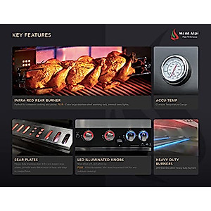 Mont Alpi MA-957 5-Burner 63000 BTU Black Stainless Steel Outdoor Kitchen Bar Gas Island Grill w/ Infrared Rear Burner + Rotisserie Kit + Granite Countertop + Storage Cabinets & Full Weather Cover