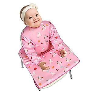 Vicloon Coverall Baby Feeding Bib, 2 In 1Weaning Bibs Attaches to Highchair and TableWeaning, Long Sleeve Bib with Waterproof, Baby Bibs for Feeding, Adjustable,Machine Washable(Unicorn Pattern)