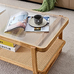 Pvillez Chinese Style Coffee Table, 45.28" Log Style Faux Rattan Rectangular Double-layer Solid Wood Coffee Table with Craft Glass, Mid Century Modern Coffee Table Center Table for Living Room Natural