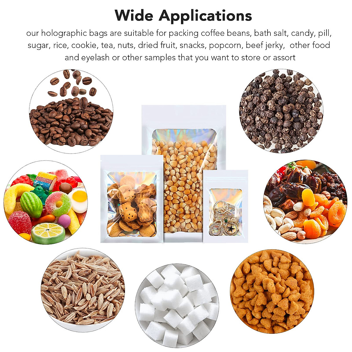 Jazpyne smell proof bags 300 Pack holographic bags Resealable mylar bags (3 Sizes: 5x8 + 4x6 + 3x5 Inch: Each 100 pcs) White