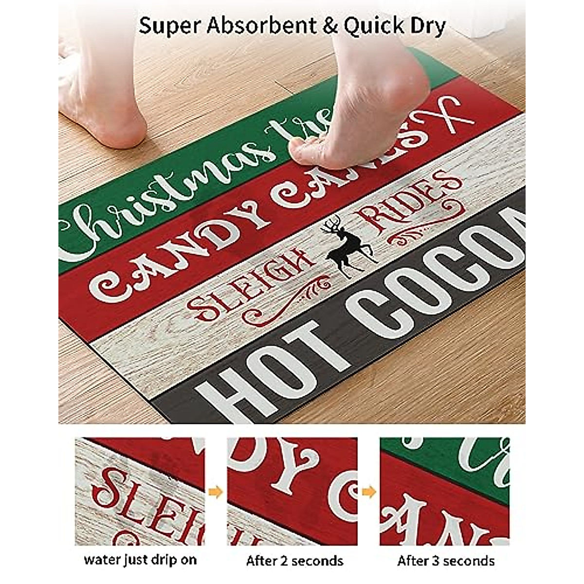 Diatomaceous Bath Door mats,Christmas Trees Candy Canes Sleigh Rides Hot Cocoa Wooden Red Green Gray Absorbent and Quick Drying Non Slip Bathroom Rug,Suitable for Bathroom Tub Shower Sink,24"x36"