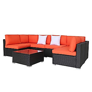 Excited Work 7Pcs Outdoor Patio Wicker Sofa, Garden Sectional Rattan Furniture Set with Coffee Table,Washable Couch Cushions and 2 Pillows