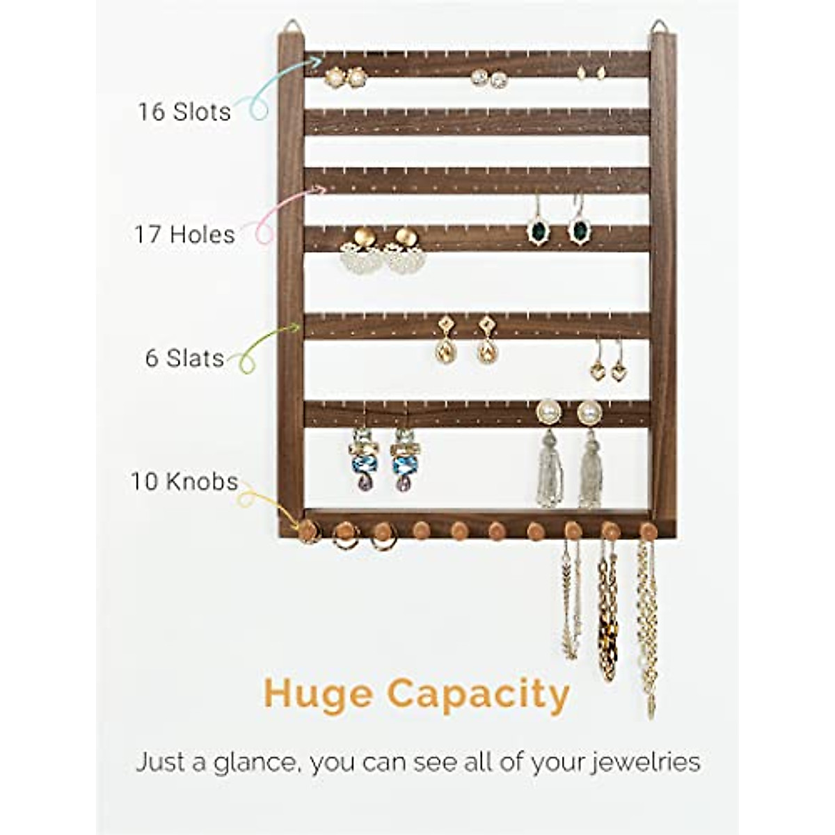 Mymazn Easy Assemble Solid Walnut Wood Earring Wall Holder Hanging Jewelry Organizer Necklace Holder Earring Hanger Wall Mount Jewelry Organizer for Necklaces Rings Scruncies Organization