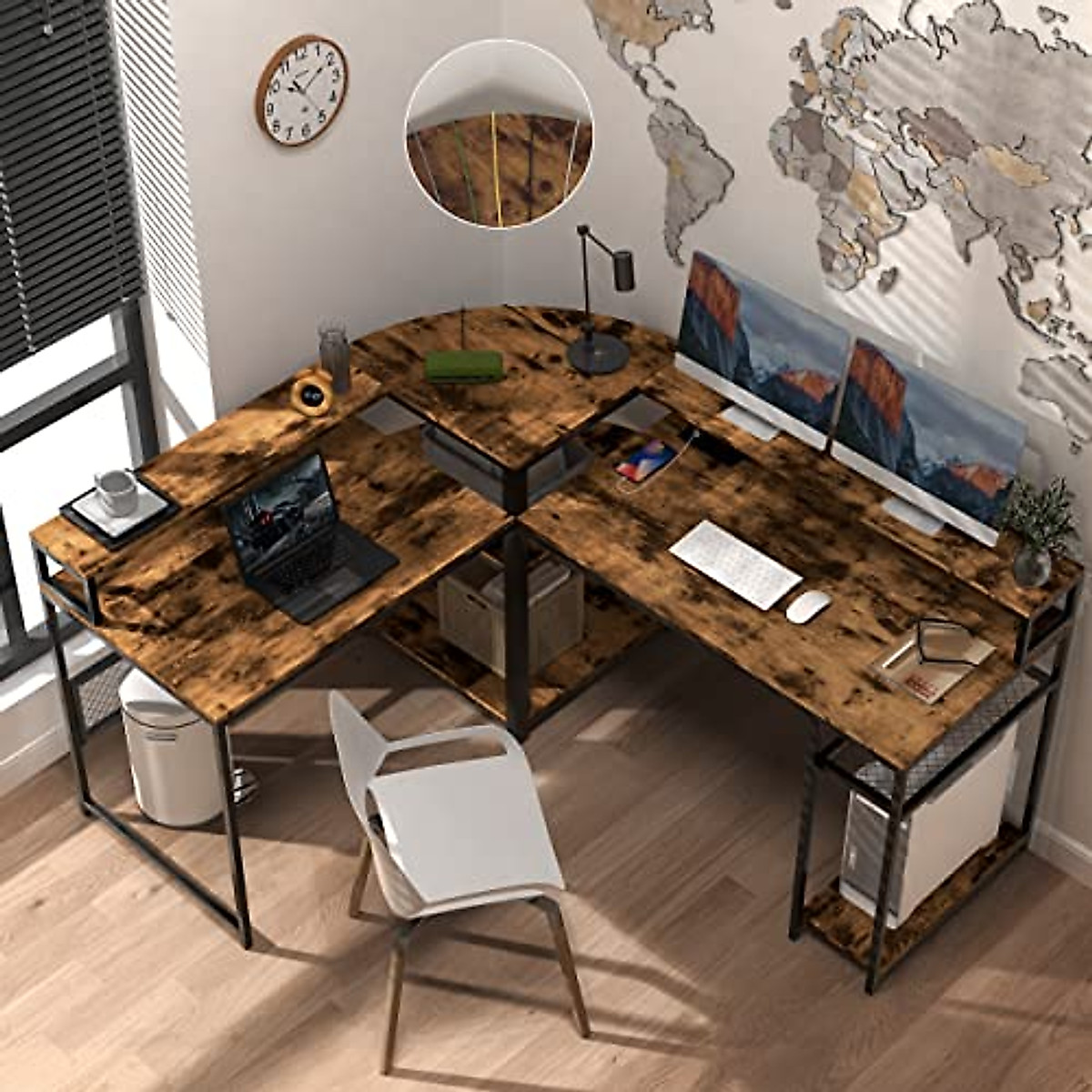 AYEASY 66" Computer Desk L Shaped Desk with Storage, Reversible Corner Desk with USB Charging Port & Power Outlet,Gaming Desk L Shape with Monitor Shelf, Large Home Office Desk, Rustic Brown