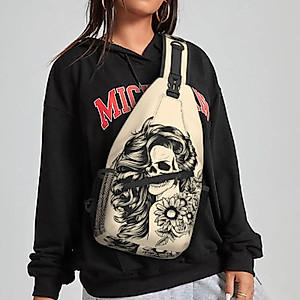 FeHuew Women Girl Skeleton Makeup Rose Skull Crossbody Sling Backpack for Men Chest Bag Shoulder Bag Lightweight One Strap Backpack Travel Outdoor Daypack