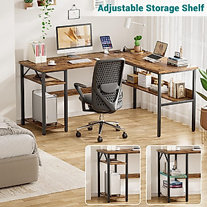Hyomdeck Reversible L Shaped Computer Desk with Power Outlets and USB Charging Ports, Sturdy Corner Desks with Storage Shelf, Modern Work Gaming Table for Home Office, Easy to Assemble, Rustic Brown