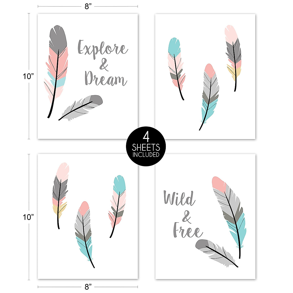 Sweet Jojo Designs Turquoise and Coral Boho Wall Art Prints Room Decor for Baby, Nursery, and Kids for Feather Collection - Set of 4 - Explore & Dream, Wild & Free