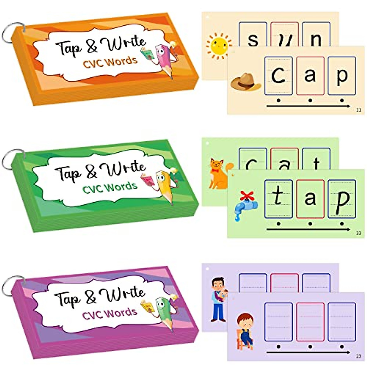 126 Cards Tap and Write CVC Words Flash Cards Laminated Tracing Practice Card Learning Letter Cards CVC Flashcards with 3 Rings for Kindergarten Preschool Kids, 8 x 4 Inch