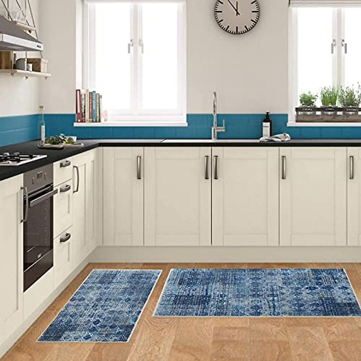 YoKii Navy Blue Geometric Distressed Throw Rug Texture 2x3 Faux Wool Modern Abstract Small Area Rug Fuzzy Kitchen Bathroom Mat Rubber Backed Vintage Diamond Low Pile Indoor Doormat (2x3, Navy Blue)