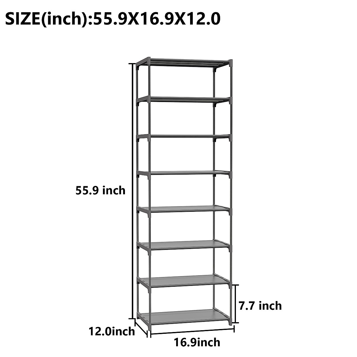 LEMONIDEA Shoe Rack 8 Tier with Plastic Shelves Space Saving Narrow Shoe Storage Vertical Organizer 12 x 16.9 x 55.9 Inches for Entryway Bedroom Bathroom (Gray)