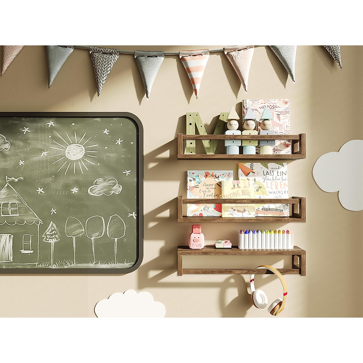 TidyCorner Upgraded Thick Floating Shelves - Multi-Use Wall-Mounted Bookshelves for Kids and Nursery, Ideal for Books, Toys, Spice Rack, Decor - Walnut Brown