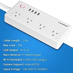 Smart Power Strip Work with Alexa, Google Home, 4.92ft Surge Protector Extension Cord, 4AC Outlets and 4 USB Charging Ports, Timer Schedule, Remote Control via Smart Phone, Smart WiFi Outlets