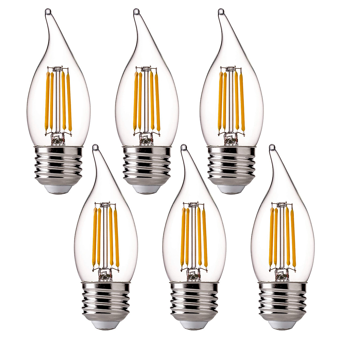 FLSNT LED 60 Watts Equivalent Chandelier Light Bulbs, CA11 Dimmable Filament Clear LED Candelabra Bulbs, E26 Medium Base, 2700K Soft White, 6 Pack