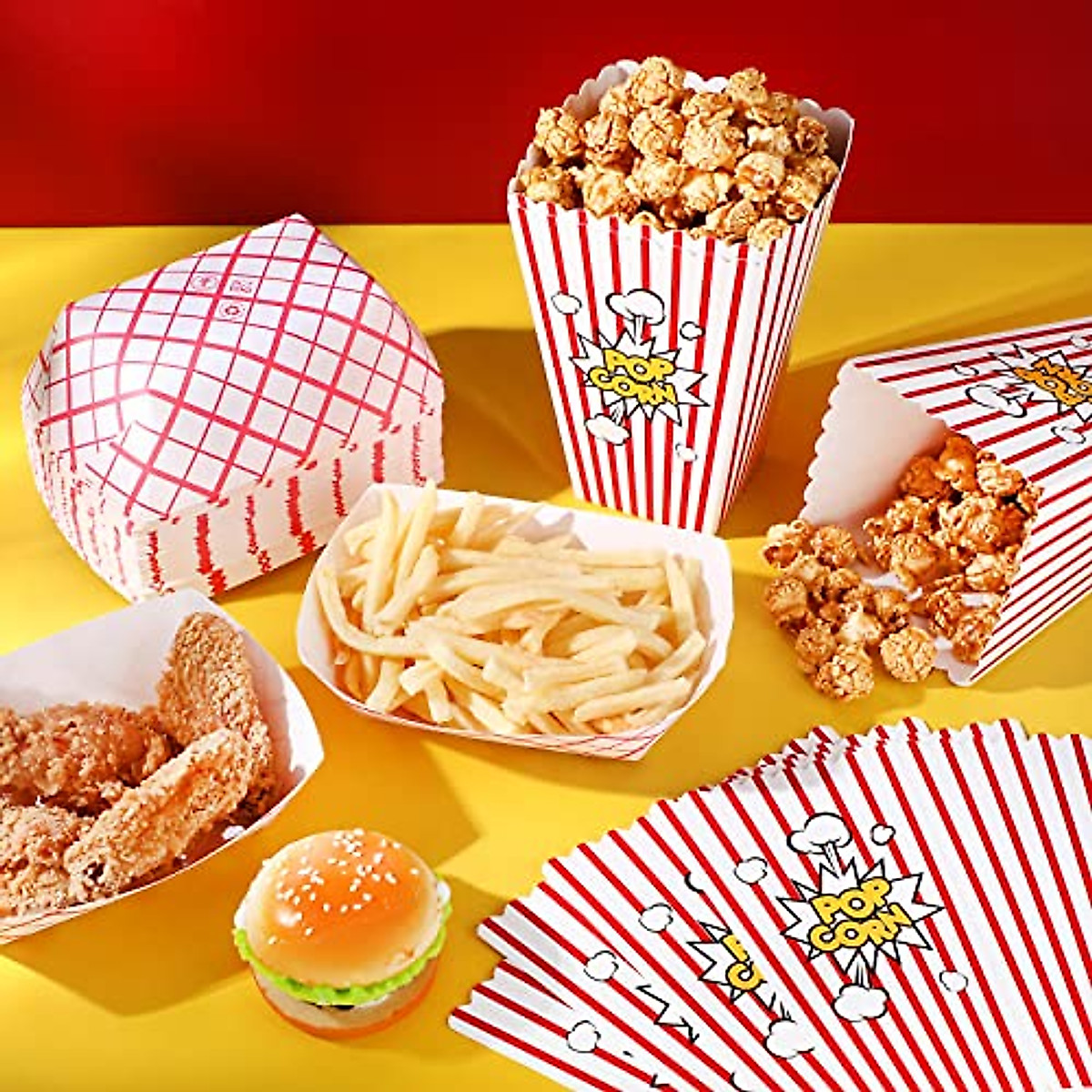 Sawysine 72 PCS Movie Party Supplies Include 36 Pcs Movie Night Popcorn Boxes and 36 Pcs Paper Food Trays Plastic Red White Striped Classic Popcorn Containers for Movie Night Theater Carnival Circus