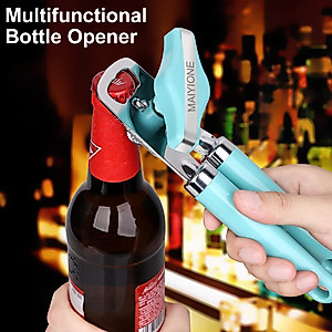 MAIYIONE - Safe Cut Can Opener Manual handheld, No-Trouble-Lid-Lift Can Opener with Magnet, Built in Bottle Opener, Stainless Steel Sharp Blade, Heavy Duty and Easy to Use Large Turn Knob, Aqua Sky