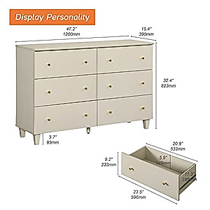 WAMPAT Dresser with 6 Drawers for Bedroom, Wooden Kids Dressers with Wide Chest of Drawers, Beige Modern Closet Storage Organizer Furniture with Solid Wood Legs for Living Room, Hallway, Nursery