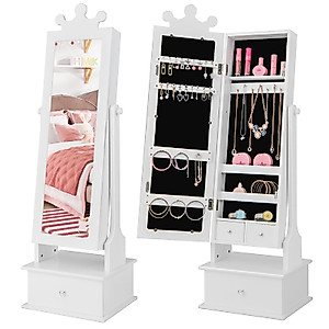 Costzon Kids Jewelry Armoire Cabinet, 45” Standing Jewelry Organizer with Full-Length Mirror, 3 Storage Drawers, Kids Vanity Dress Up Mirror Jewelry Cabinet for Girls (White)