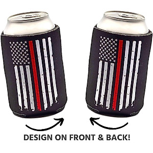 Firefighter Gifts for Men - Thin Red Line Beverage Can Cooler Sleeves, Fireman Gifts, Insulated Beer Holder with Red Stripe American Flag, Fire Department Gift Ideas, Fire Fighter Accessory, 6-Pack
