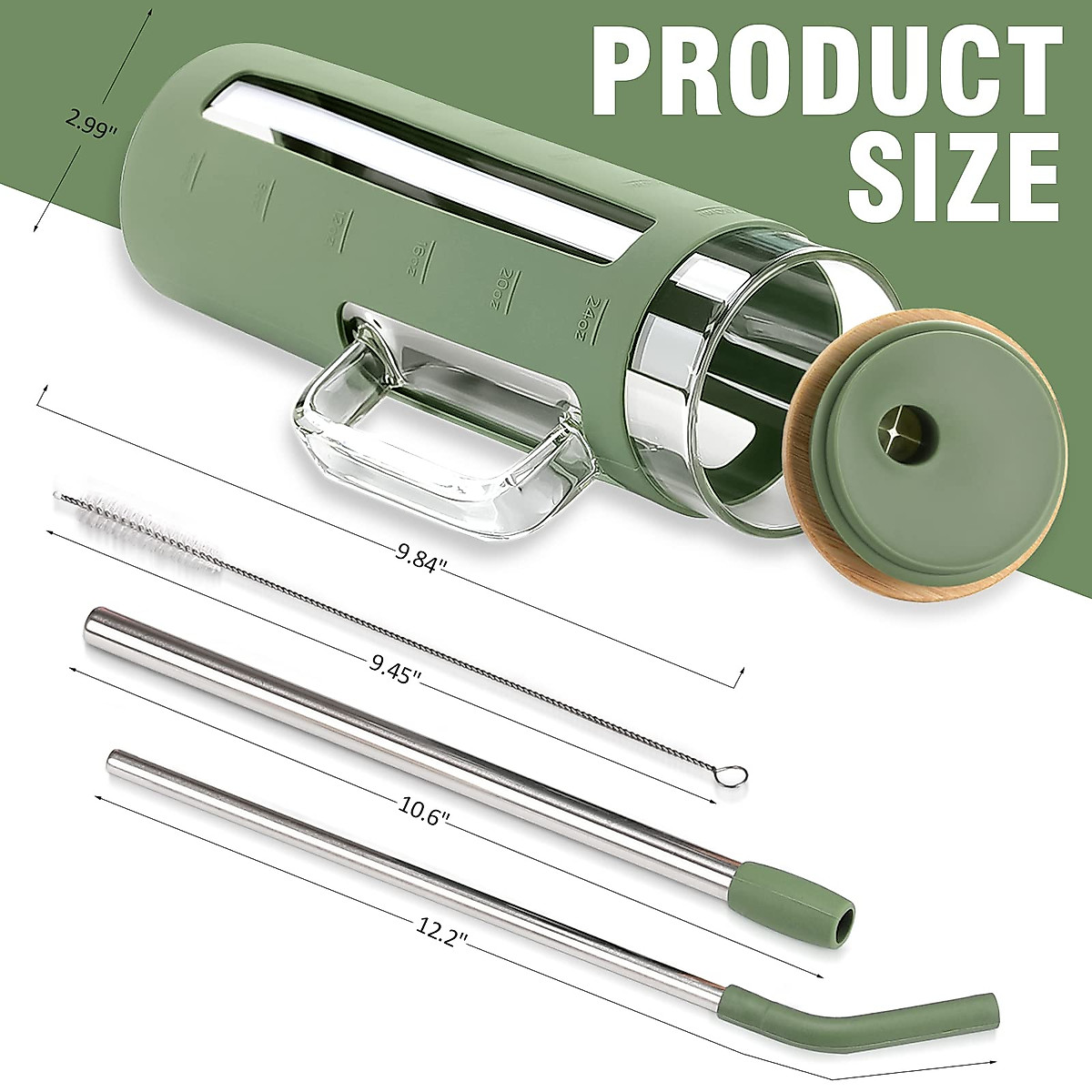 Kodrine Tumbler with Lid and Straw, 24 oz Glass Tumbler with Handle, Iced Coffee Cup Boba Smoothie Cup, Coffee Tumbler Water Tumbler Cups with Bamboo Lid Home Office Tumblers, Olive