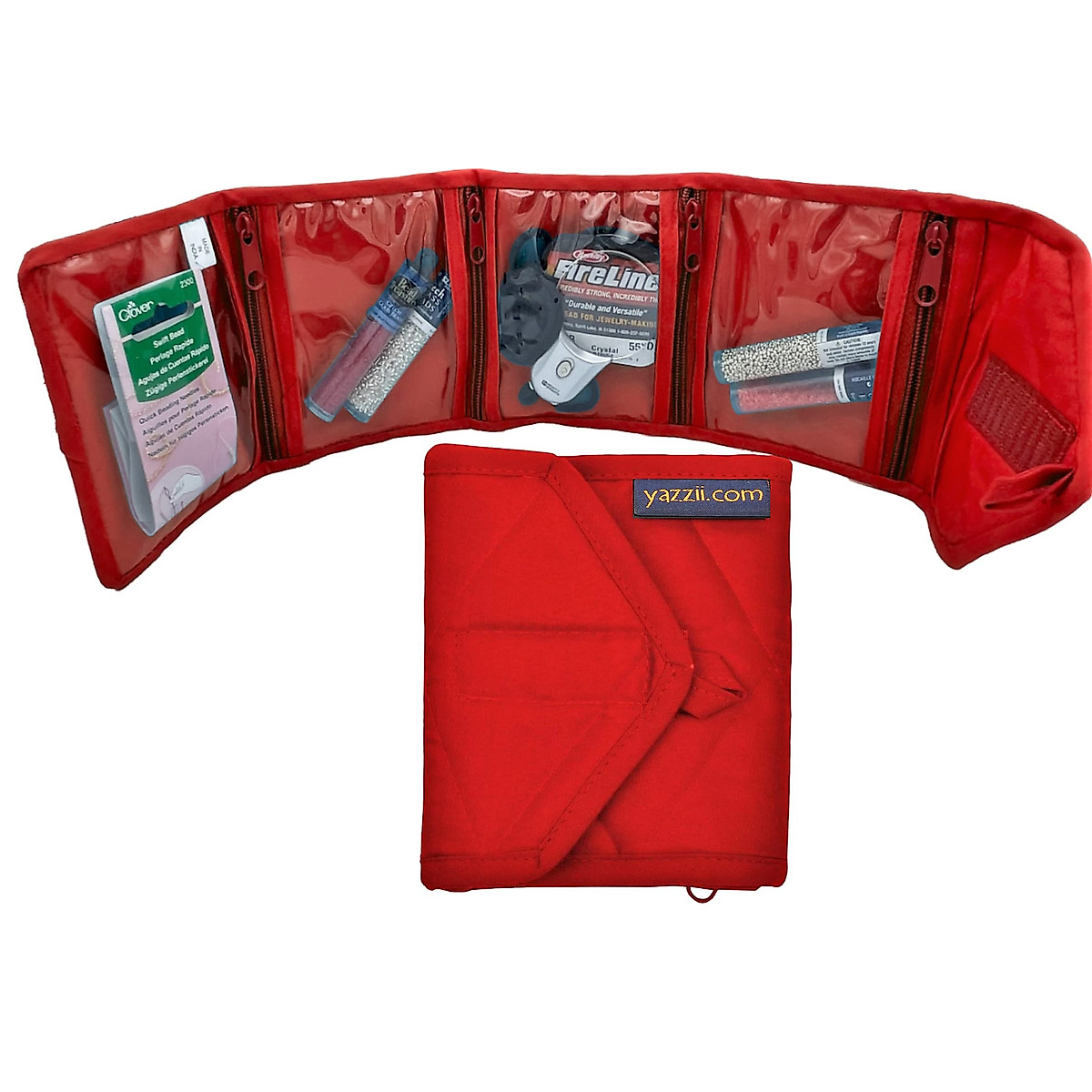 Yazzii Craft Travel Wallet - Portable & Multifunctional Craft Purse - 4 Pocket Organizer for Notions, Credit Cards, Jewelry, Accessories, Medicine, & More! Red