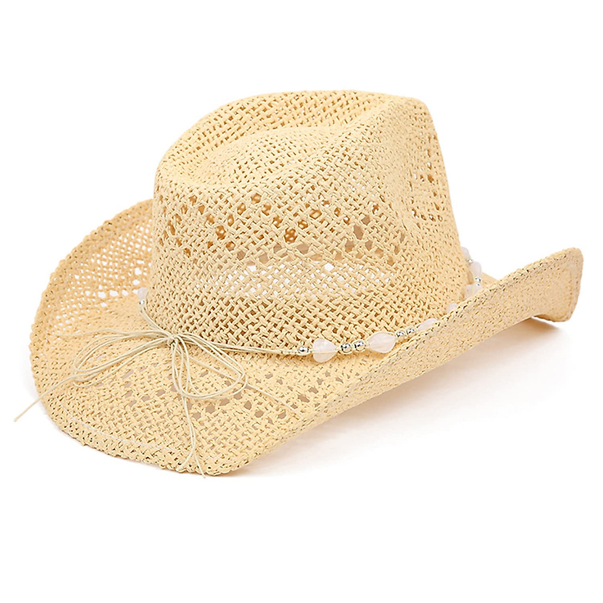 TOVOSO Western Cowgirl, Straw Cowboy Hat for Women with Shapeable Brim, Beaded Hearts Trim, Beige