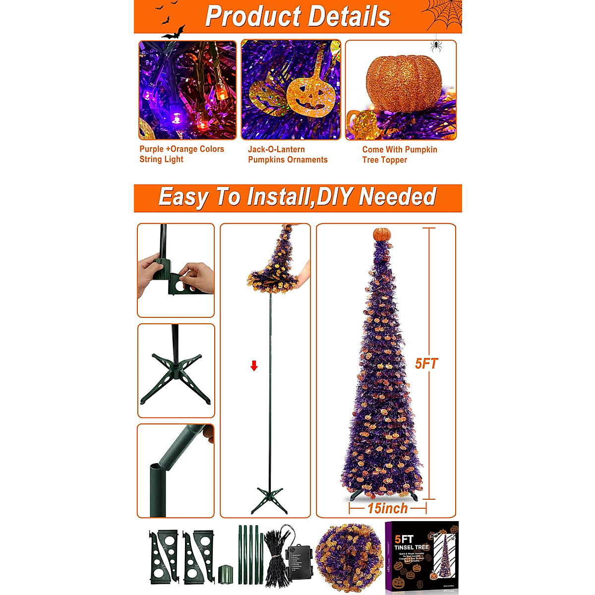 [ Orange & Purple Lights ] 5 Ft Halloween Black Christmas Tree Timer DIY 50 Lights Battery Operated Pumpkin Top Sequin Tinsel Artificial Pop Up Pencil Scary Halloween Decoration Home Indoor Outdoor