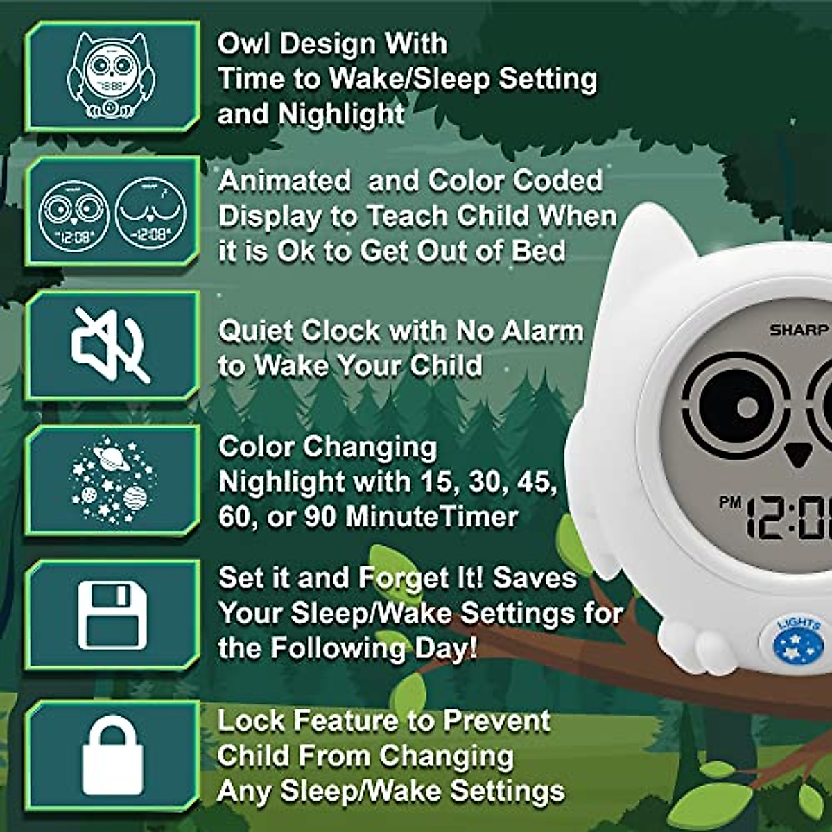 SHARP Ready to Wake Owl Sleep Trainer, Kid’s Clock for Ready to Rise, Ceiling Projection Nightlight and “Off-to-Bed” Feature – Simple to Set and Use!
