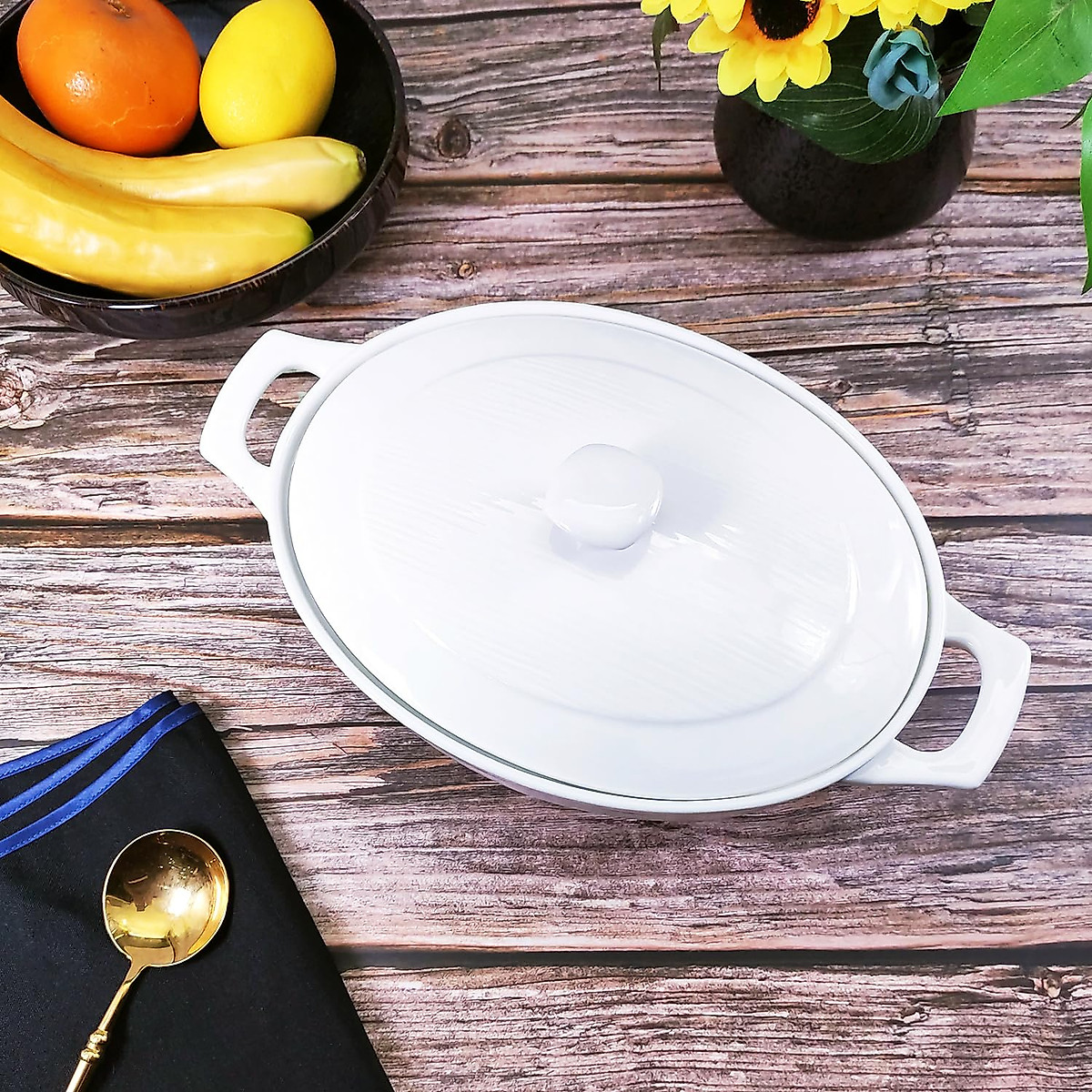 jinsongdafa Casserole Dish with Lids,1.9 Quart French White Ceramic Tureens, 12.1x7.3 Baking Dish, Serving Tureen Soup, for Casseroles, Lasagna Cookware Set, Microwave, Oven Safe