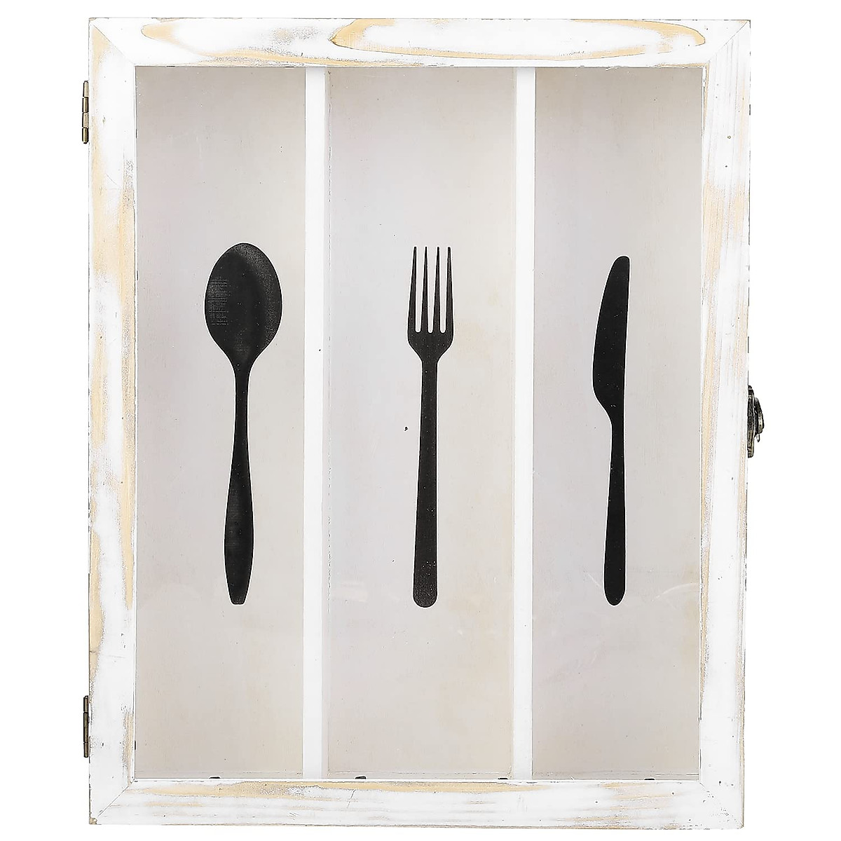 MyGift Rustic Whitewashed Wood Cutlery Tray Case with Acrylic Lid and Latch Lock, Buffet Table Utensils Flatware Server Caddy, Spoon and Fork Holder