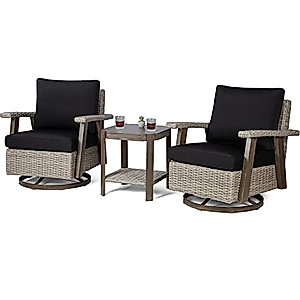 Joyside Outdoor 360 Degree Swivel Rocker Patio Chairs Sets of 2 and Matching Side Table - 3 Piece Wicker Patio Bistro Set with Premium Fabric Cushion(Grey/Black)