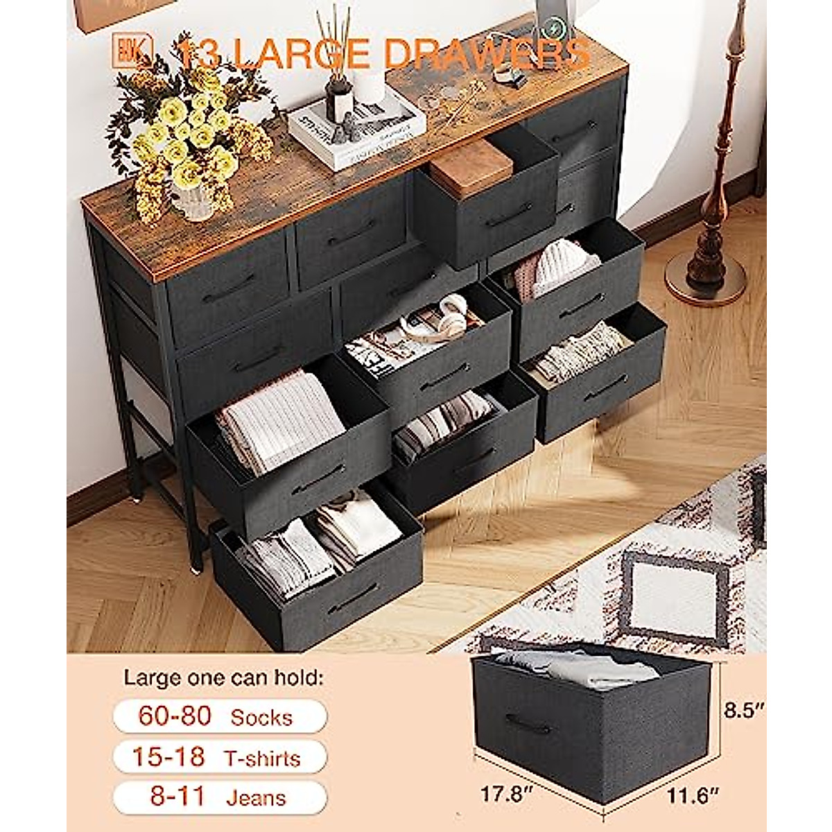 ODK Long Dresser with 3 Outlets and 2 USB Charging Ports, 57'' Wide TV Stand with 13 Large Drawers, Chest of Drawers Easy-Pull Fabric Dresser for Bedroom, Living Room, Hallway, Black and Vintage