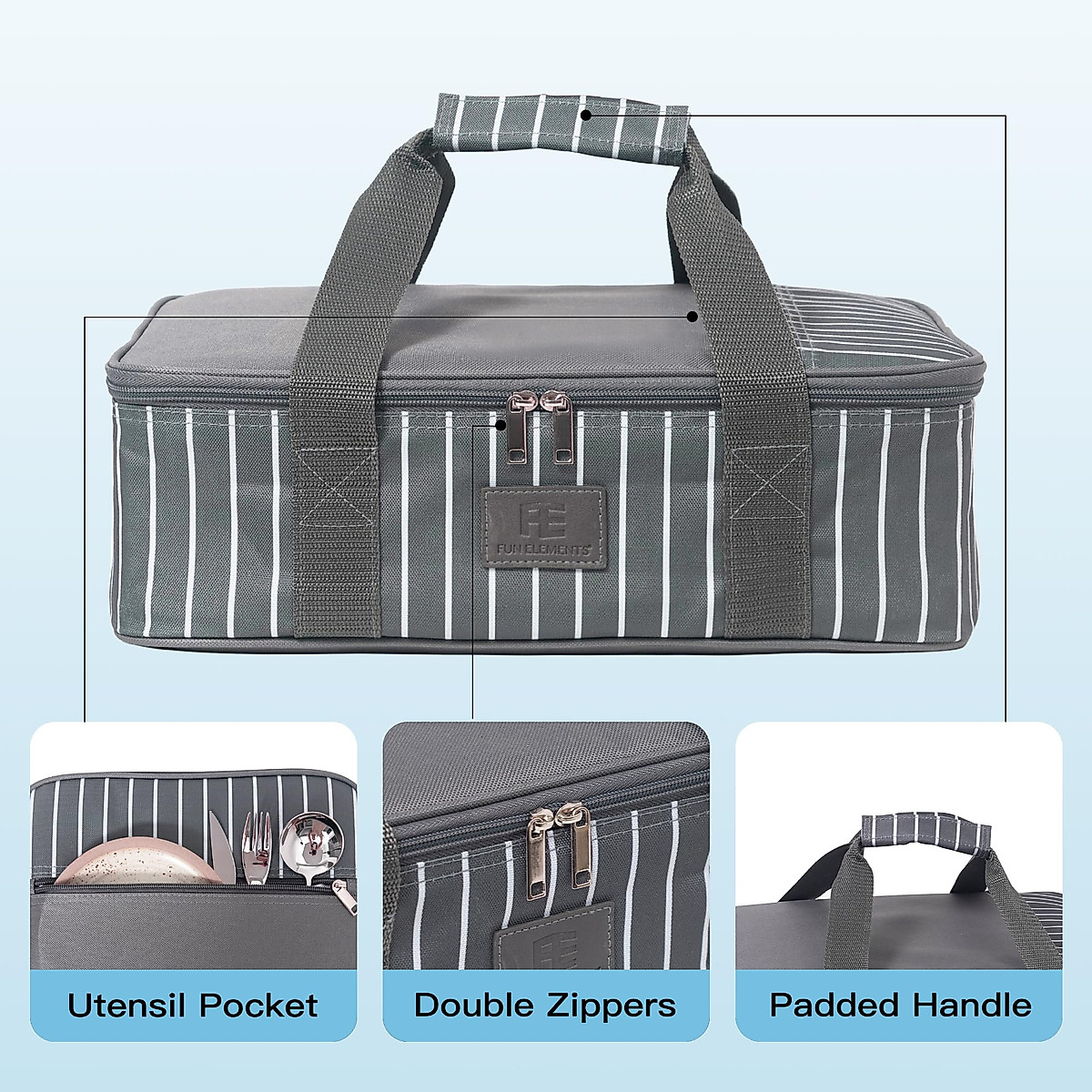 Fun Elements Casserole Carrier for Hot or Cold Food, Insulated Casserole Dish Carrier, Thermal Lasagna Lugger Tote for Potluck Parties/Picnic/Cookouts, Fits 9"×13" Baking Dish, Grey