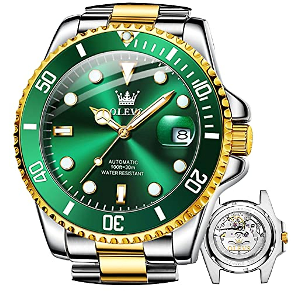 OLEVS Automatic Watches for Men Self Winding Submariner Green Face Watch Men Luxury Watches Stainless Steel Two Tone Watches Big Face Mechanical Men's Wrist Watches relojes de Hombre